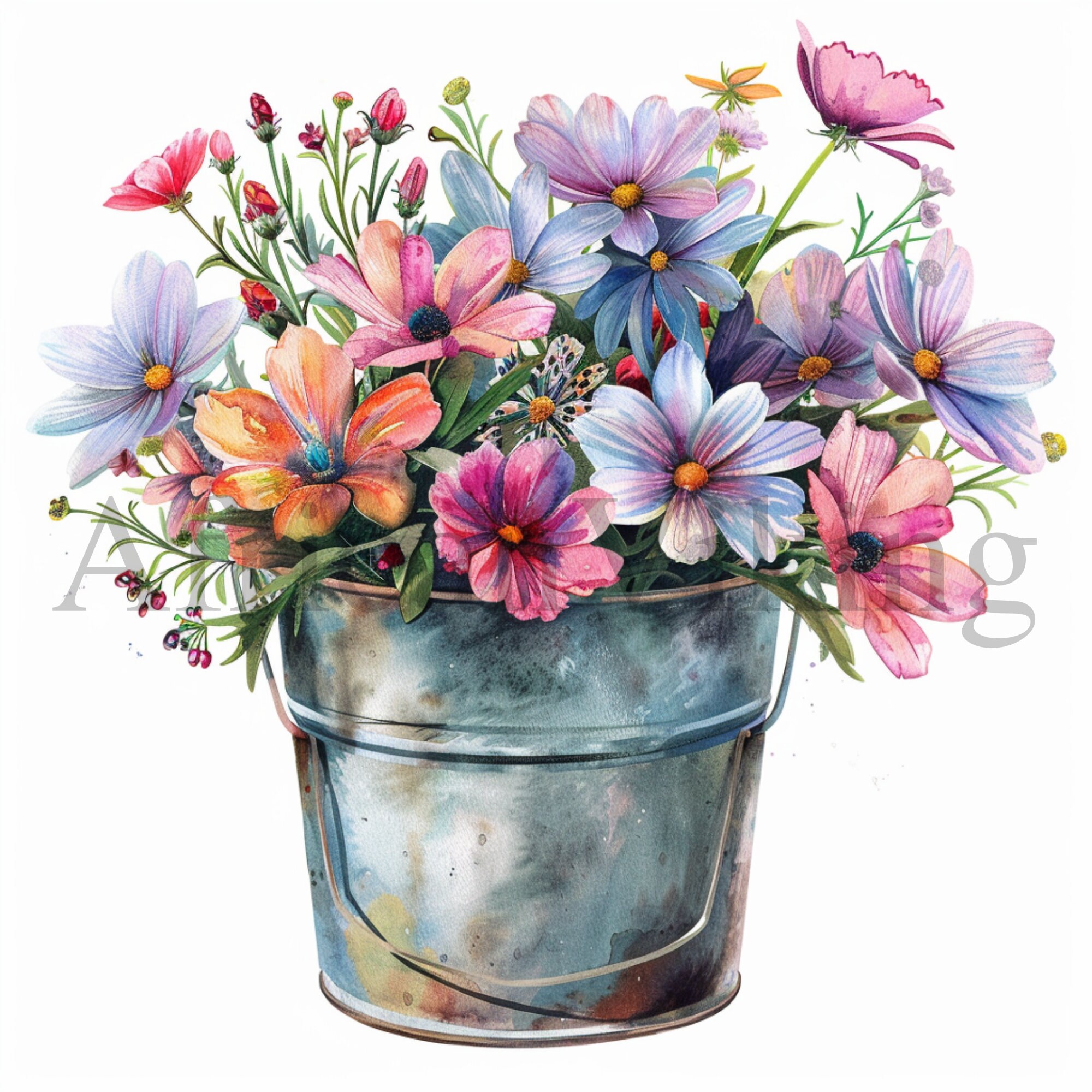 Watercolor Flower Bucket Clipart 10 High Quality Jpgs Digital Download ...