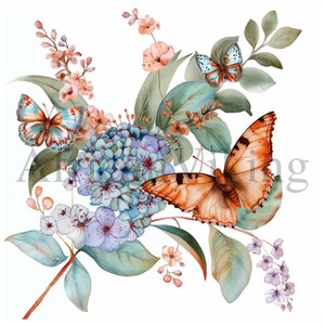 Watercolor Flowers Butterfly Clipart | Nursery Art (digital Download ...