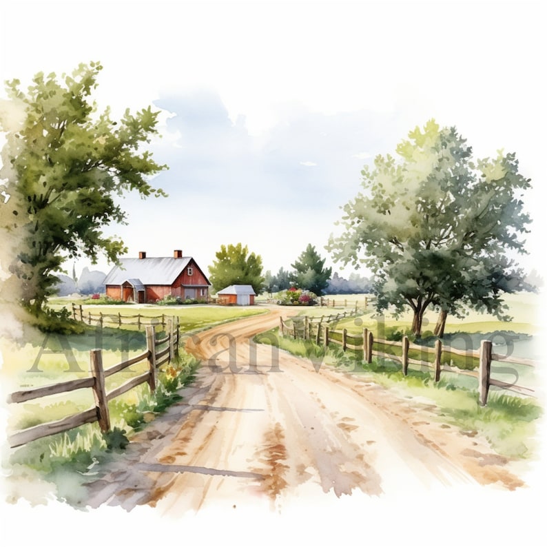 Watercolor Farmhouse Clipart | Country Road Jpgs (digital Download) - Etsy