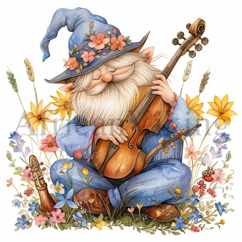 Musical Gnome Clipart | Watercolor Flower Illustration (digital ...