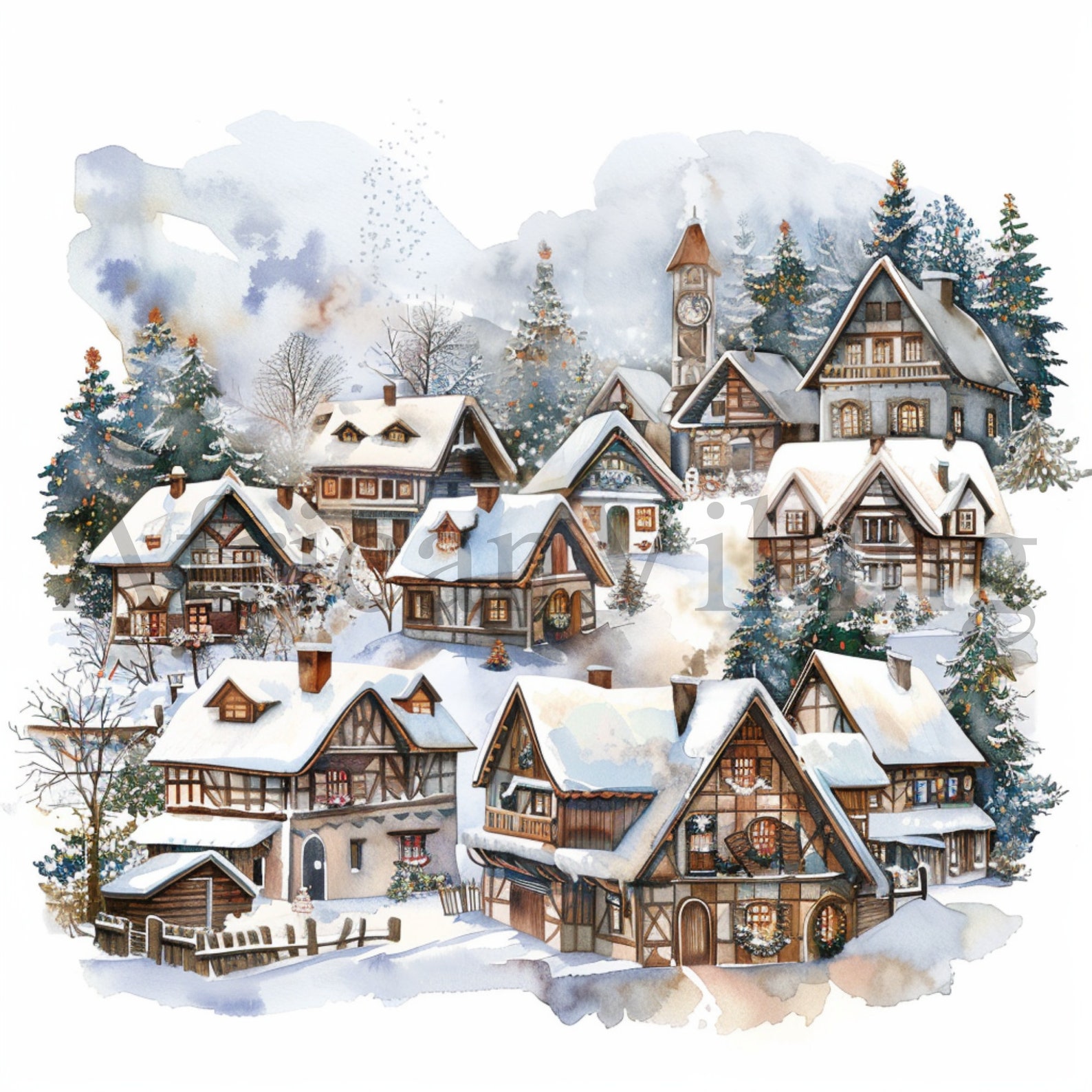 Watercolor Winter Village Clipart | Holiday JPG Images (digital ...