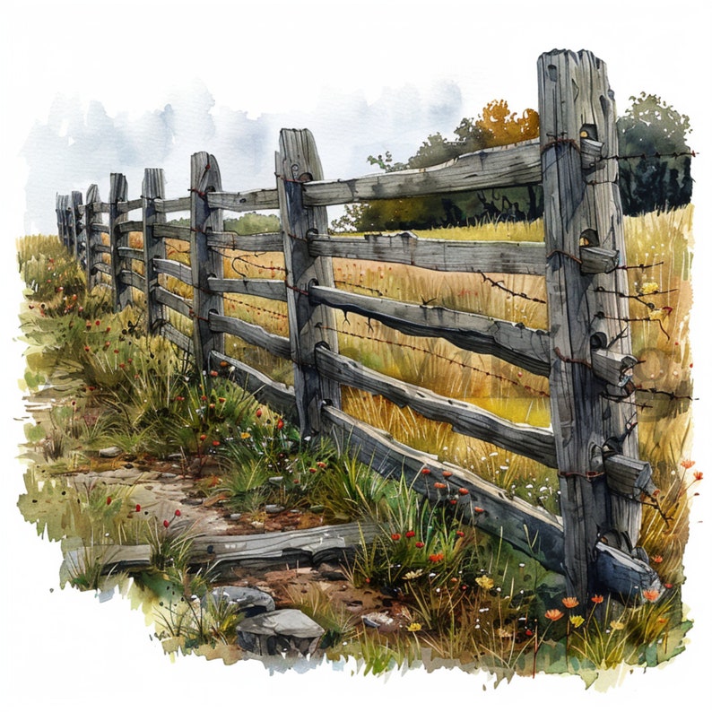 Watercolor Farm Fence Clipart: Rustic JPG Images (digital Download) - Etsy