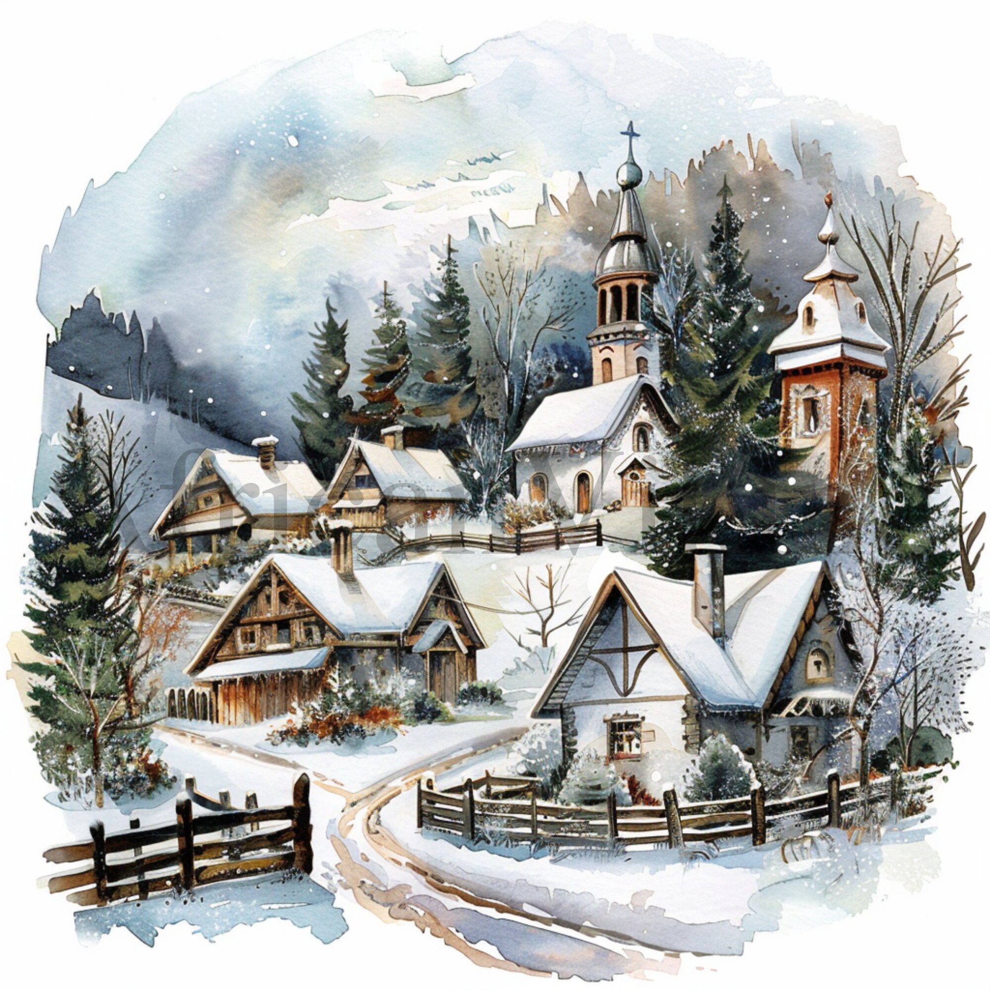 Watercolor Winter Village Clipart | Holiday Card Making (digital ...