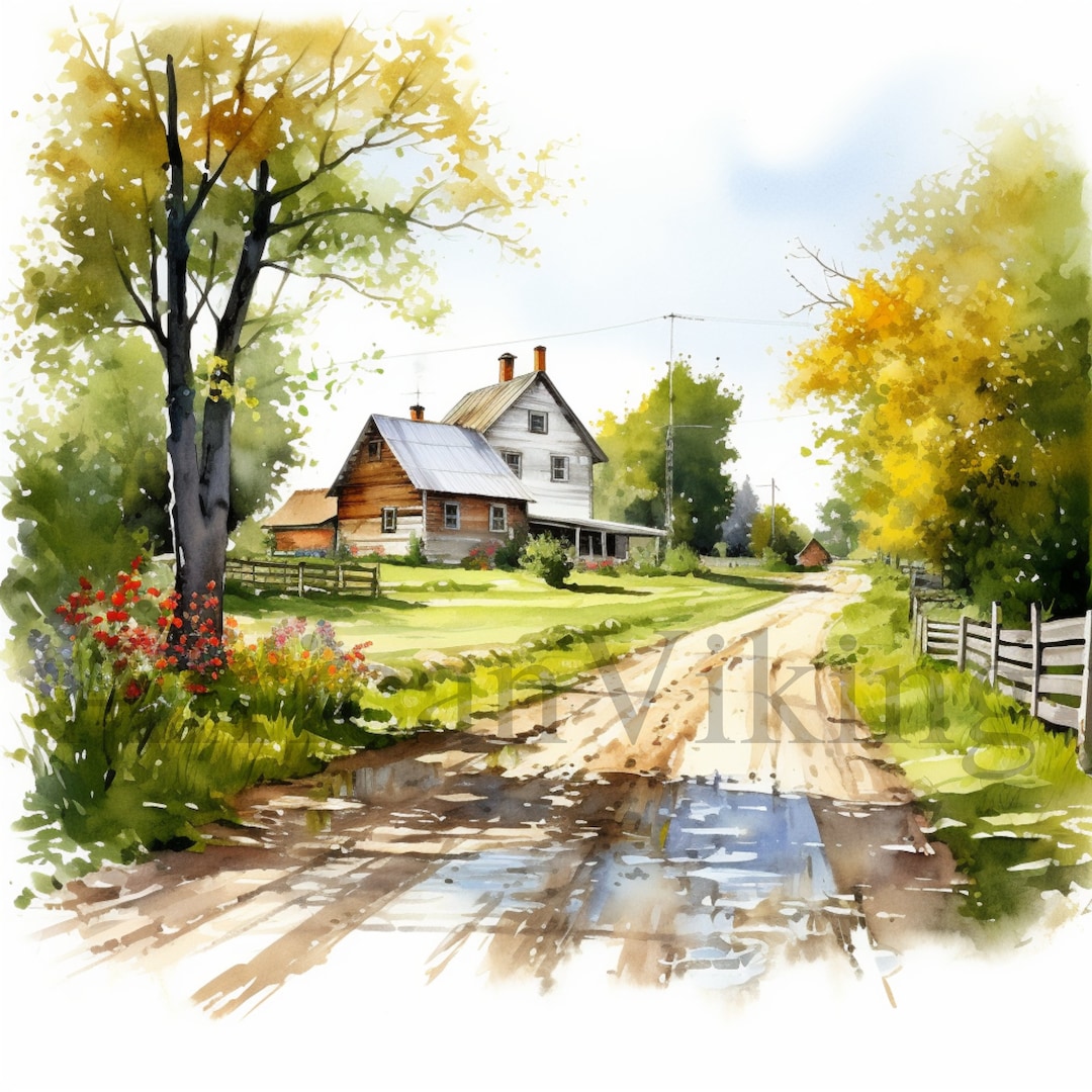 Watercolor Farmhouse Clipart | Country Road Jpgs (digital Download) - Etsy