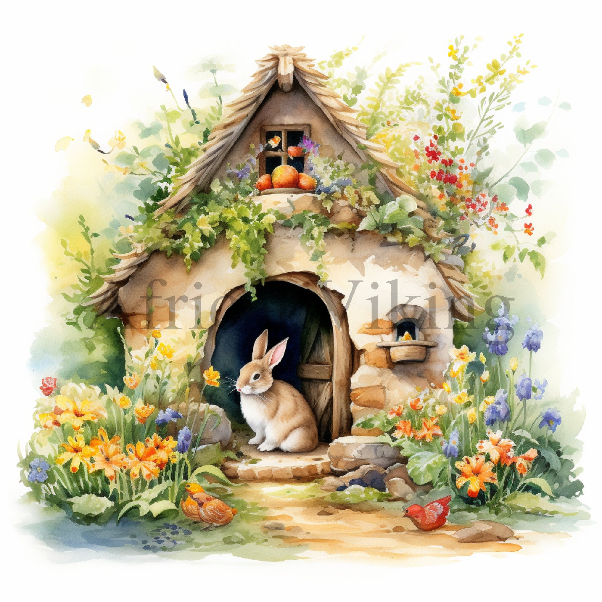 Watercolor Bunny House Clipart – Cottagecore JPG Images (digital ...