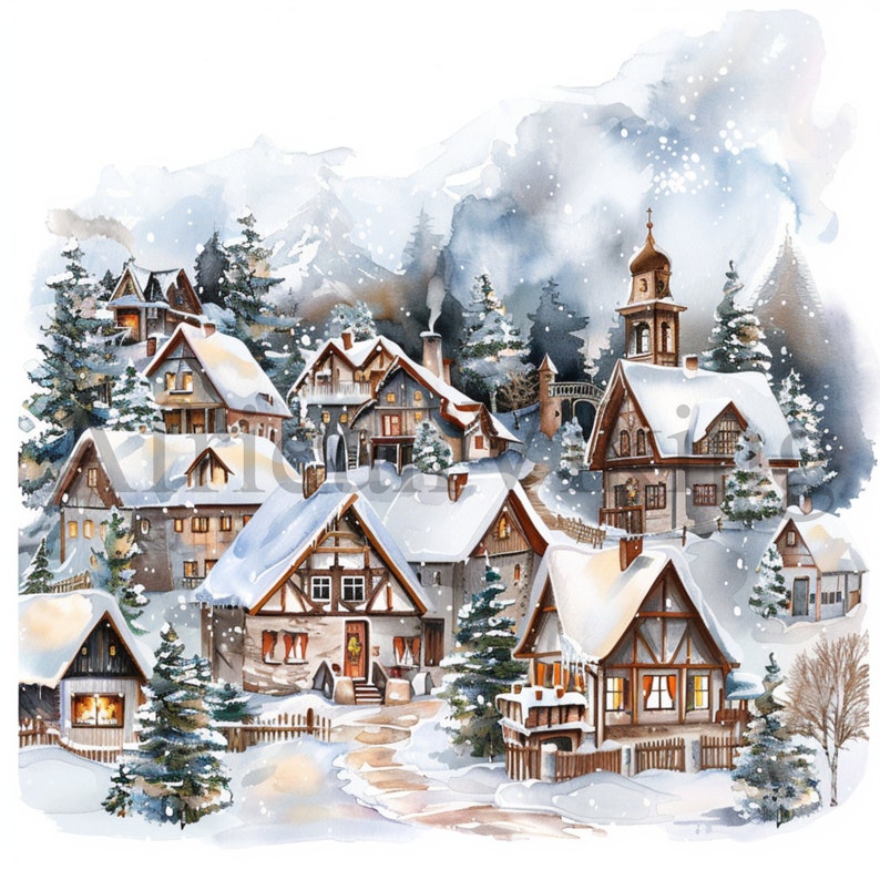 Winter Village Clipart | 10 High Quality Jpgs | Watercolor Art ...