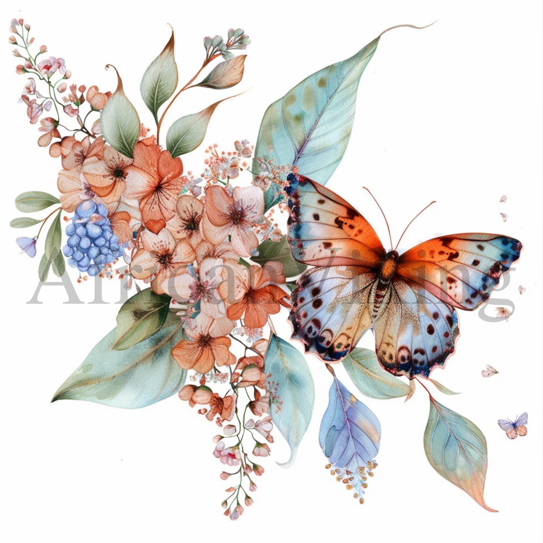 Watercolor Flowers Butterfly Clipart | Nursery Art (digital Download ...