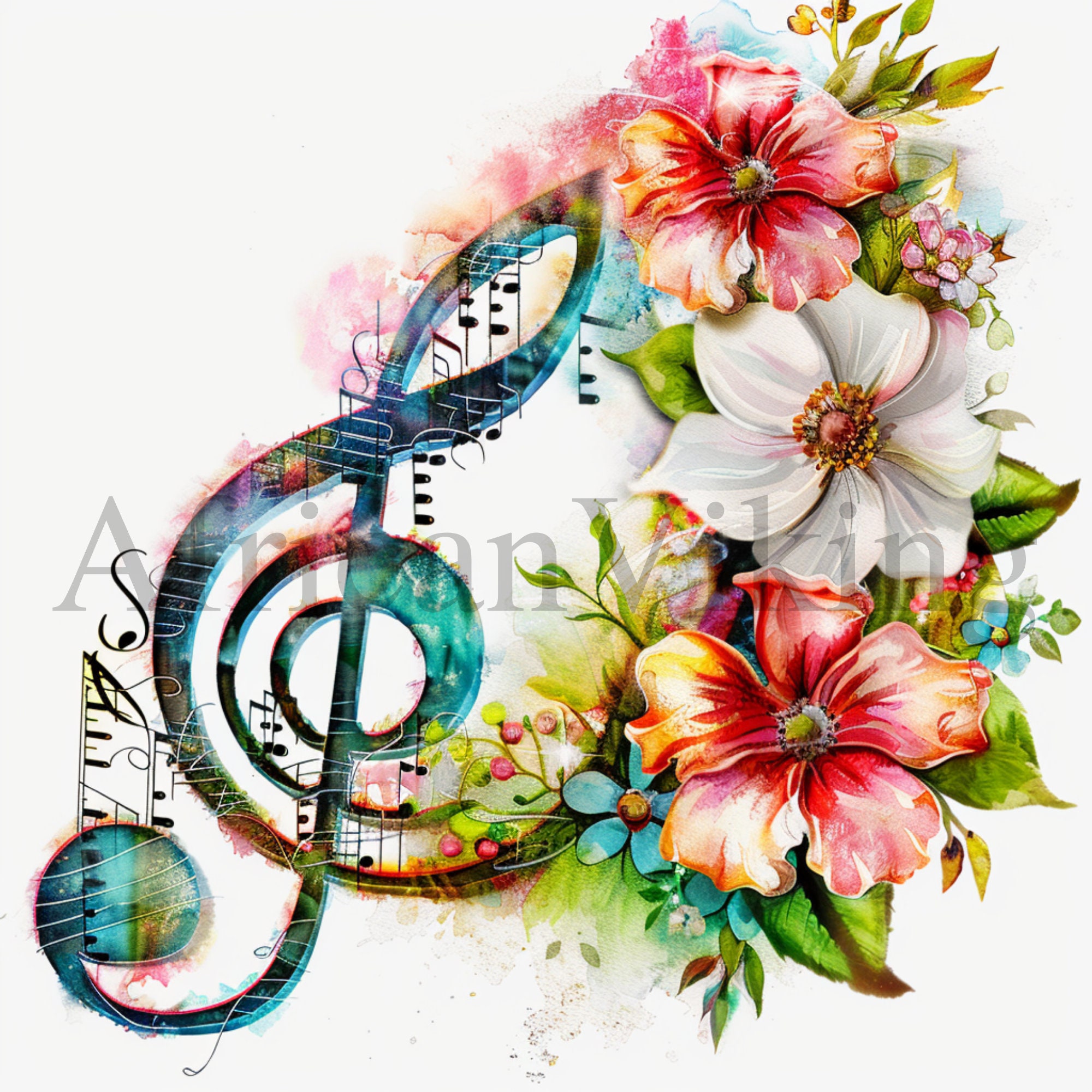 Watercolor Music Notes Clipart | Floral Treble Clef (digital Download ...