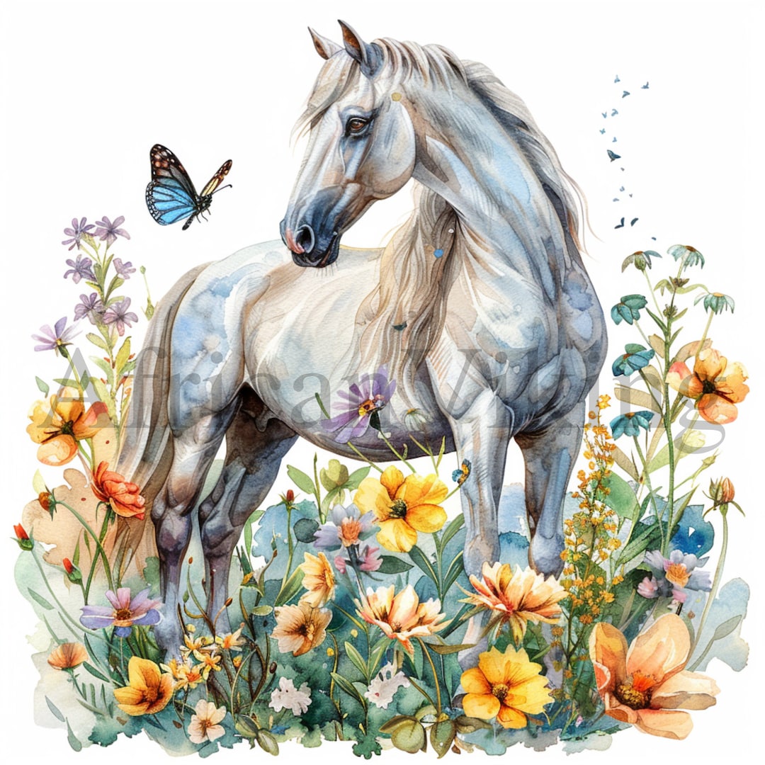 White Horse Watercolor Clipart: Floral Nursery Art (digital Download ...