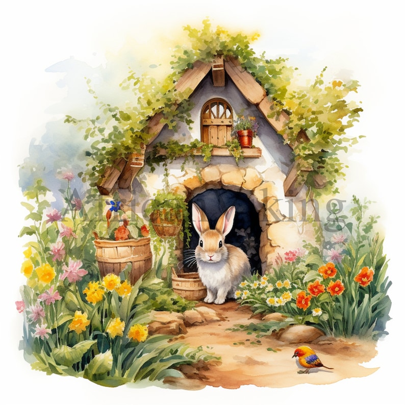 Watercolor Bunny House Clipart – Cottagecore JPG Images (digital ...