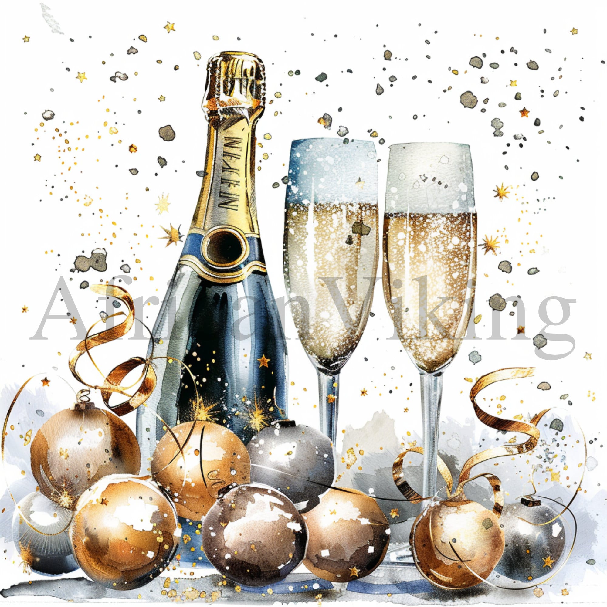 New Year Party Clipart: Champagne, Clock, Balloons (digital Download ...