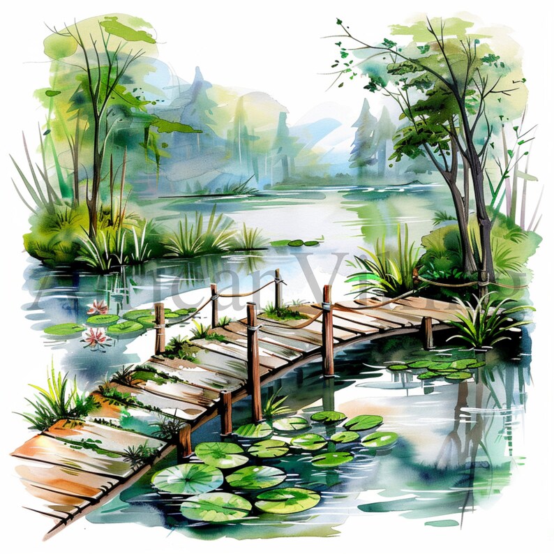 Watercolor Pond Dock Clipart | 10 High Quality Jpgs | Digital Download ...