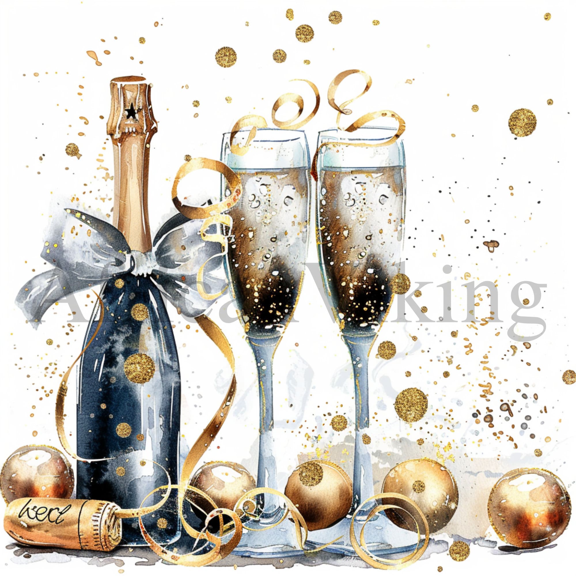 New Year Party Clipart: Champagne, Clock, Balloons (digital Download ...