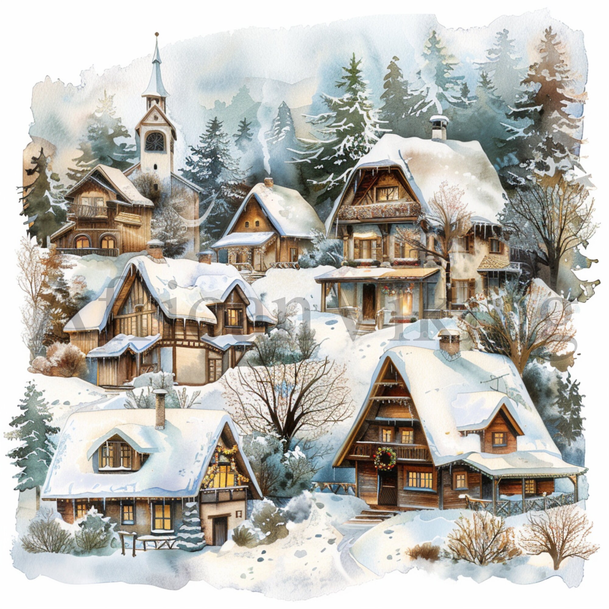Winter Village Clipart | 10 High Quality Jpgs | Watercolor Art ...