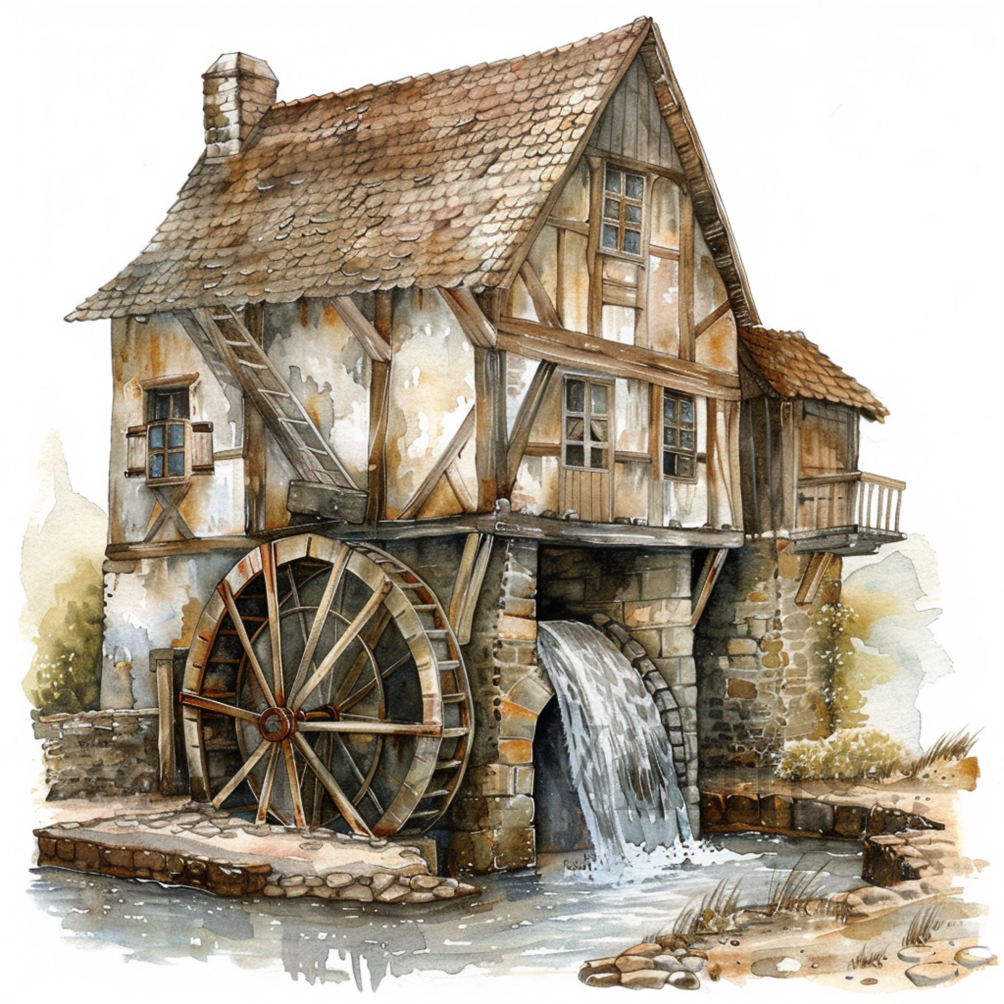Watercolor Watermill Clipart | 10 High Quality Jpgs | Digital Download ...