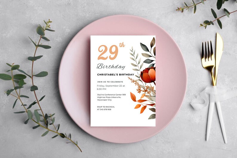 Editable Floral 29th Birthday Invitation Digital Template, Party ...