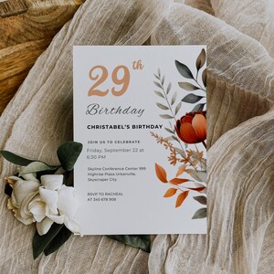 Editable Floral 29th Birthday Invitation Digital Template, Party ...