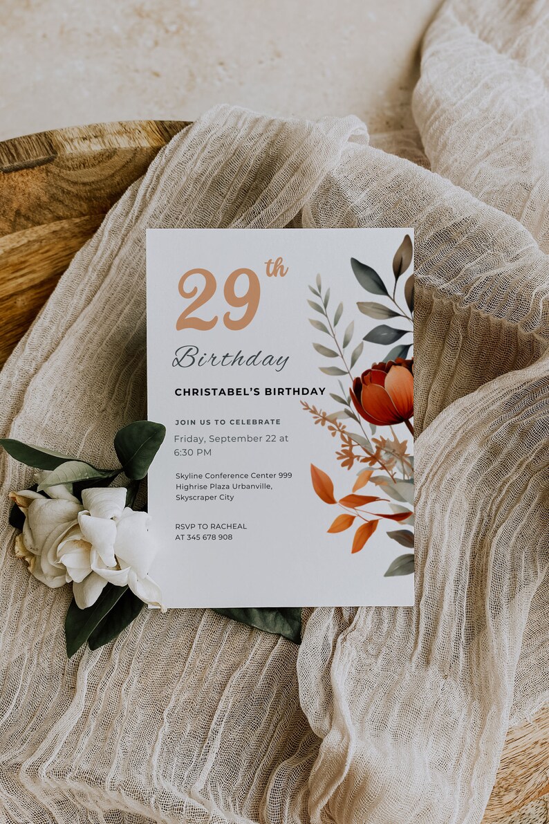 Editable Floral 29th Birthday Invitation Digital Template, Party ...
