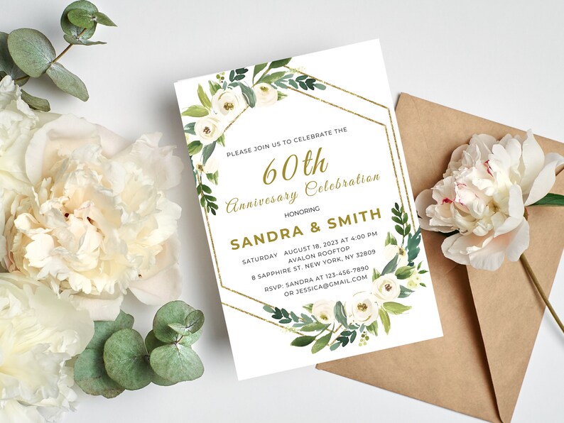 Golden 60th Wedding Anniversary Invitation Floral Template, Anniversary ...