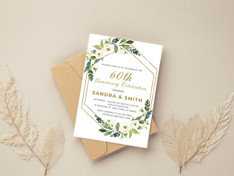Golden 60th Wedding Anniversary Invitation Floral Template, Anniversary ...