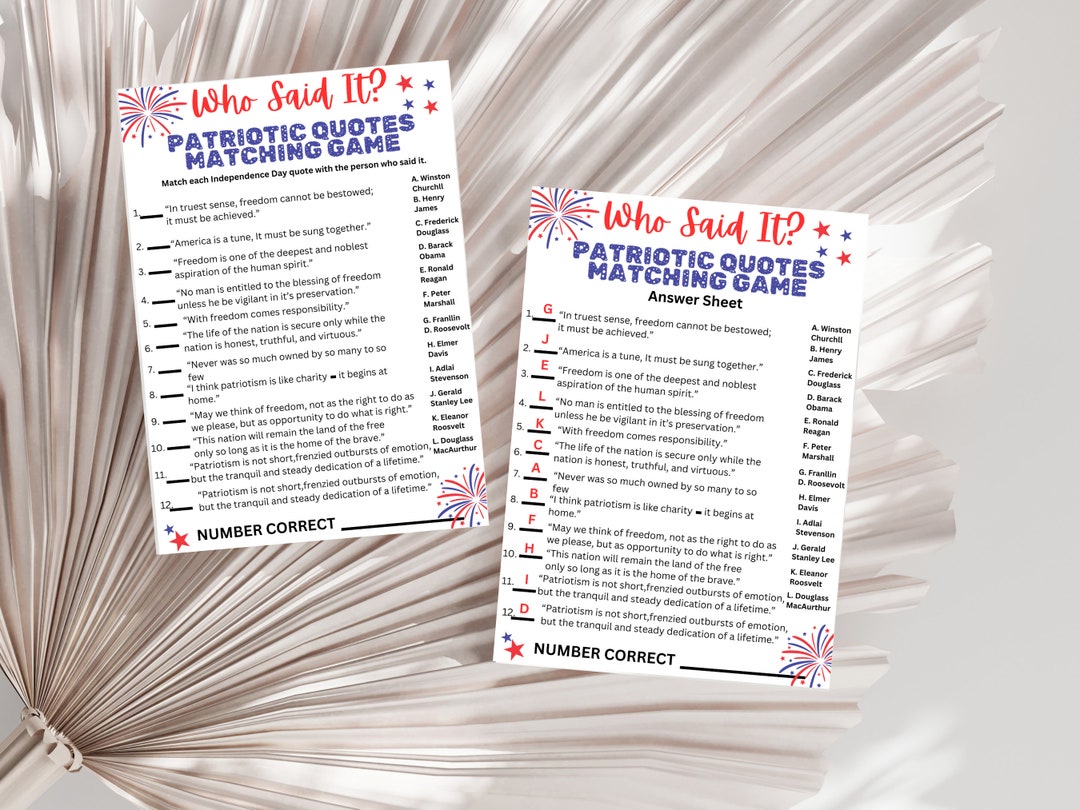 Printable 4th of July Patriotic Quotes Matching Game, July 4th Games ...