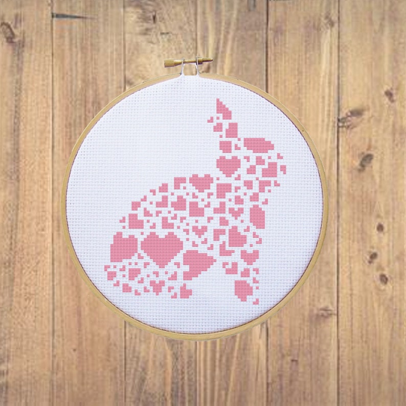 Bunny Cross Stitch Pattern With Hearts in Pink - PDF File - Easter ...