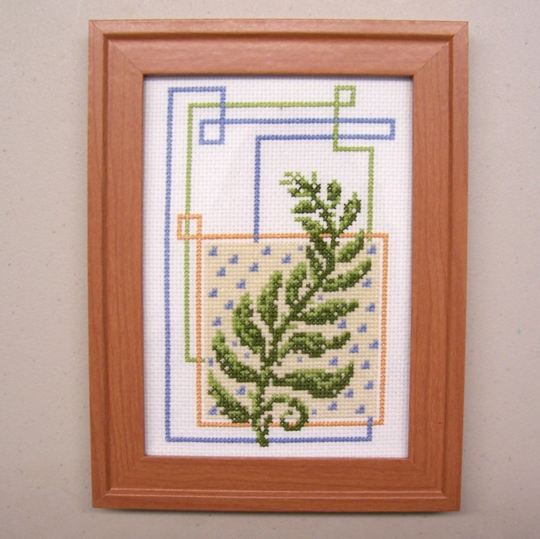 Completed Cross Stitch of Leaf and Framed With Brown Frame - Finished ...
