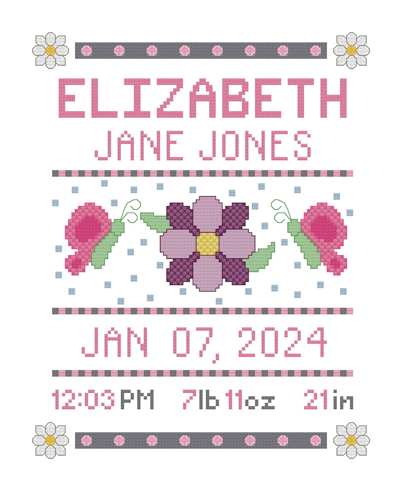 Birth Announcement Cross Stitch Pattern for Girl - PDF File - Etsy
