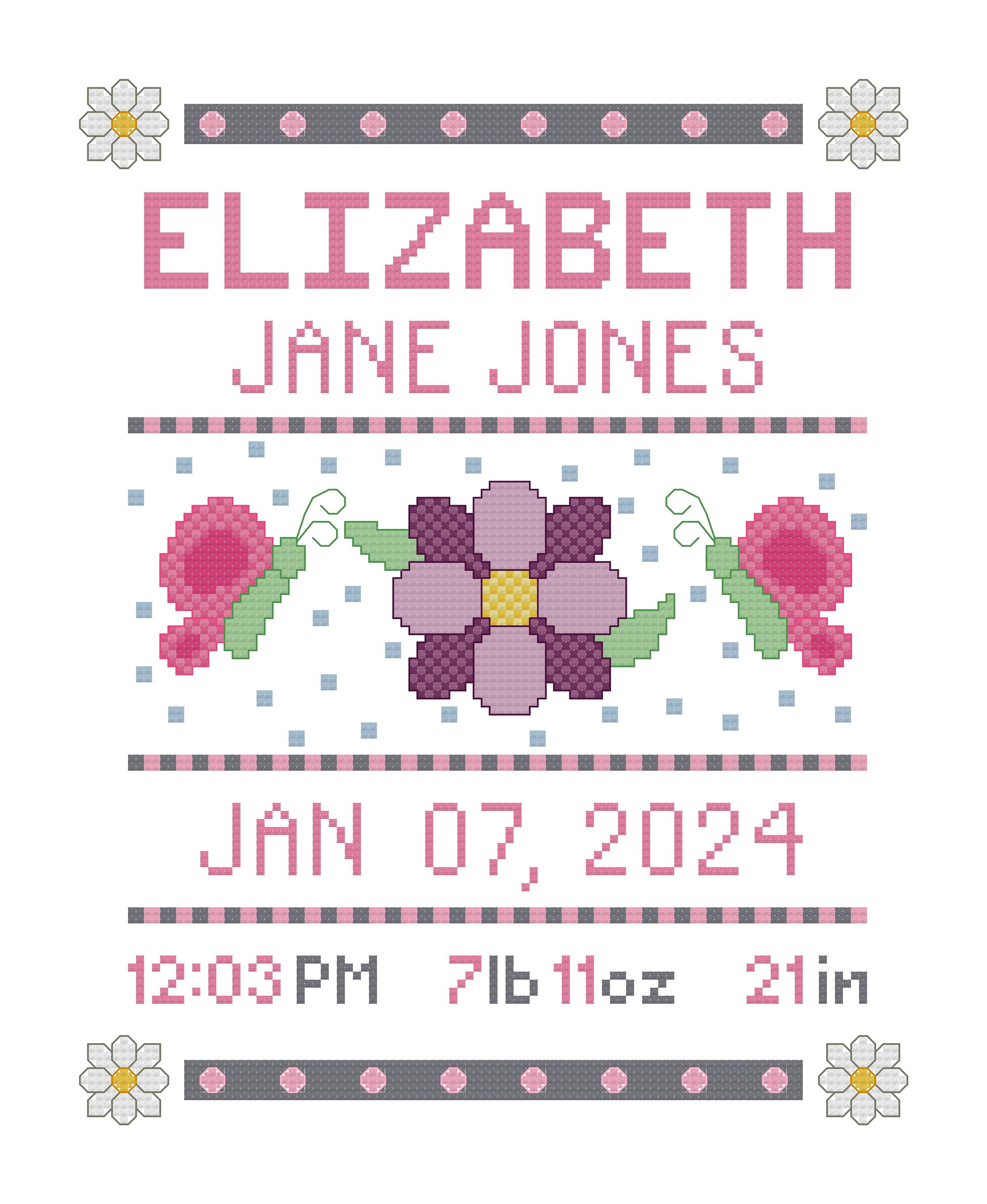 Birth Announcement Cross Stitch Pattern for Girl - PDF File - Etsy