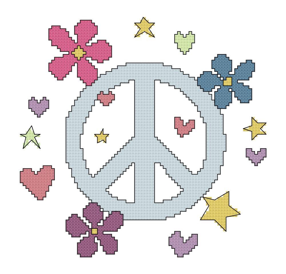 Peace Sign Cross Stitch Pattern: Hearts, Stars, Flowers (PDF File) - Etsy