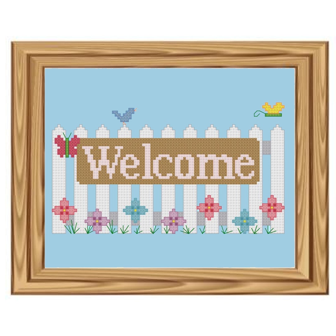 Welcome Picket Fence Cross Stitch Pattern: Spring Flowers (PDF File) - Etsy