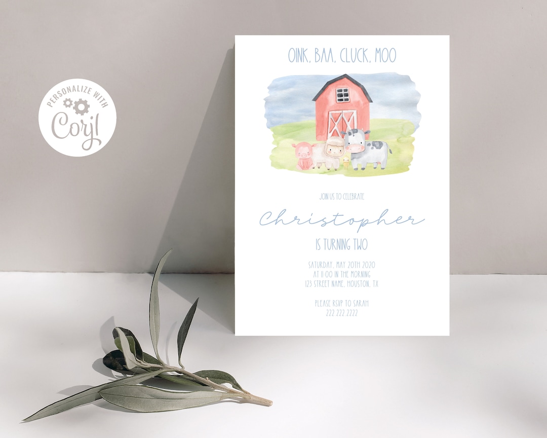 Oink Baa Cluck Moo Second Birthday Invitation Template, Watercolor Farm ...