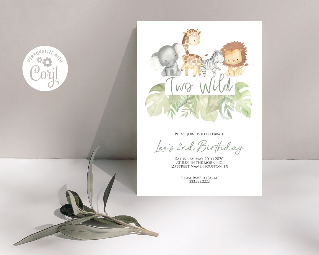 Two Wild Birthday Invitation Template, Two Wild Safari Invitation, Boy ...