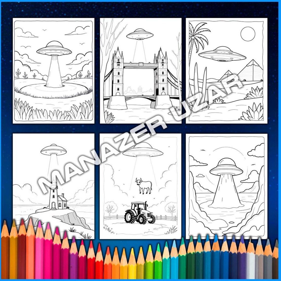 UFO Coloring Pages (printable PDF) | 20 Alien & Paranormal Scenes for ...