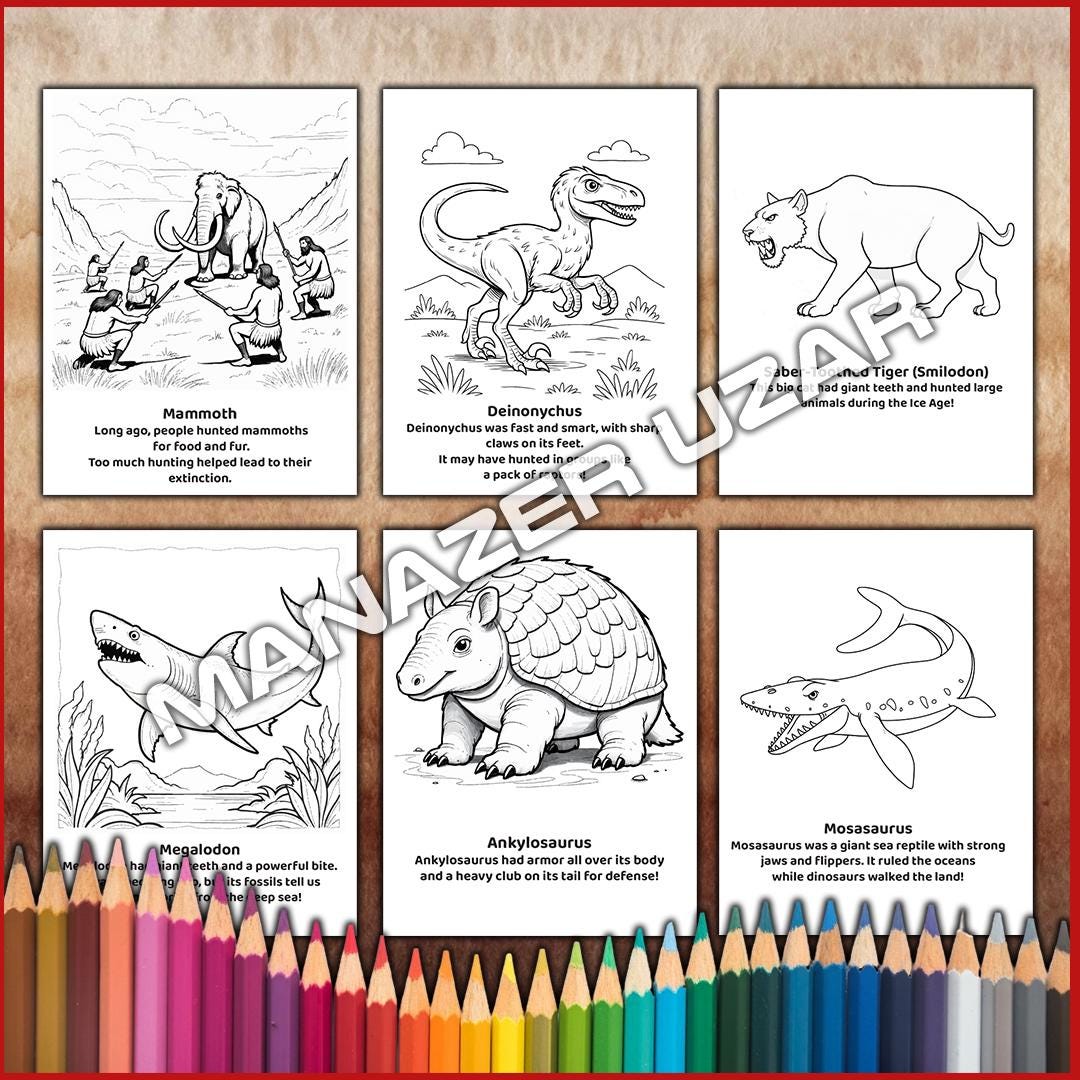 Prehistoric Animals Coloring Pages — Dinosaurs, Mammoth, Megalodon ...