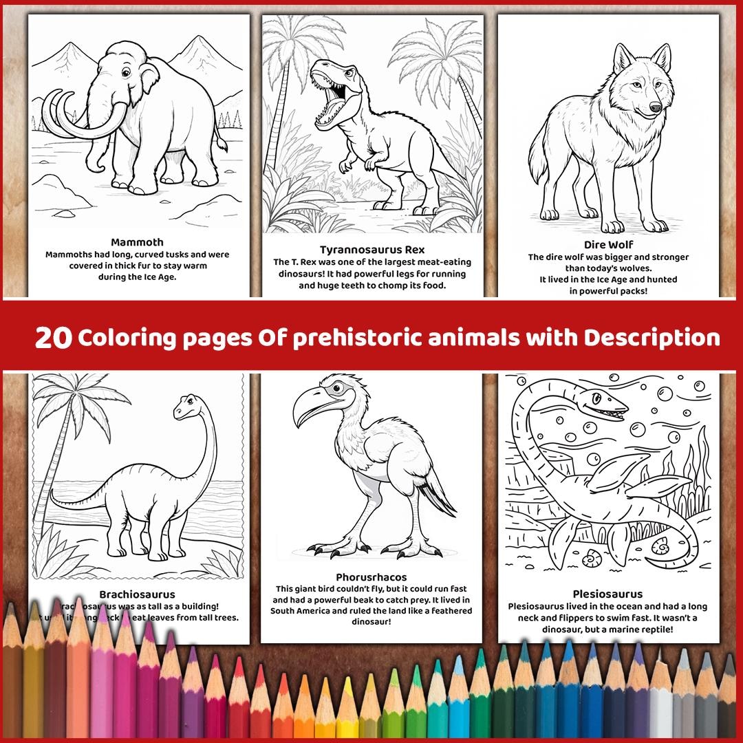 Prehistoric Animals Coloring Pages — Dinosaurs, Mammoth, Megalodon ...