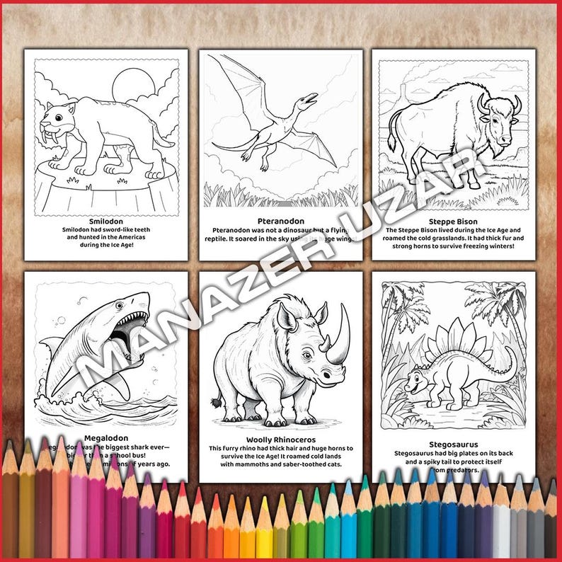 Prehistoric Animals Coloring Pages — Dinosaurs, Mammoth, Megalodon ...
