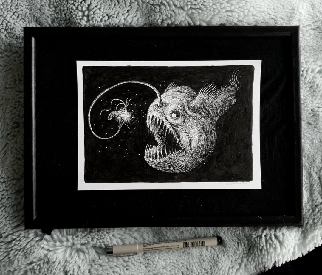 Original Artwork "the Anglerfish VS a Shrimp" // Fineliner Ink Deep Sea ...