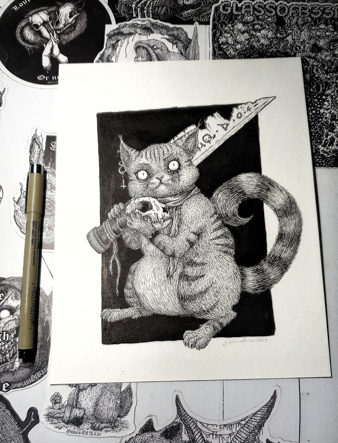 Original Ink Illustration protect at All Costs / Cat With Sword Pen and ...