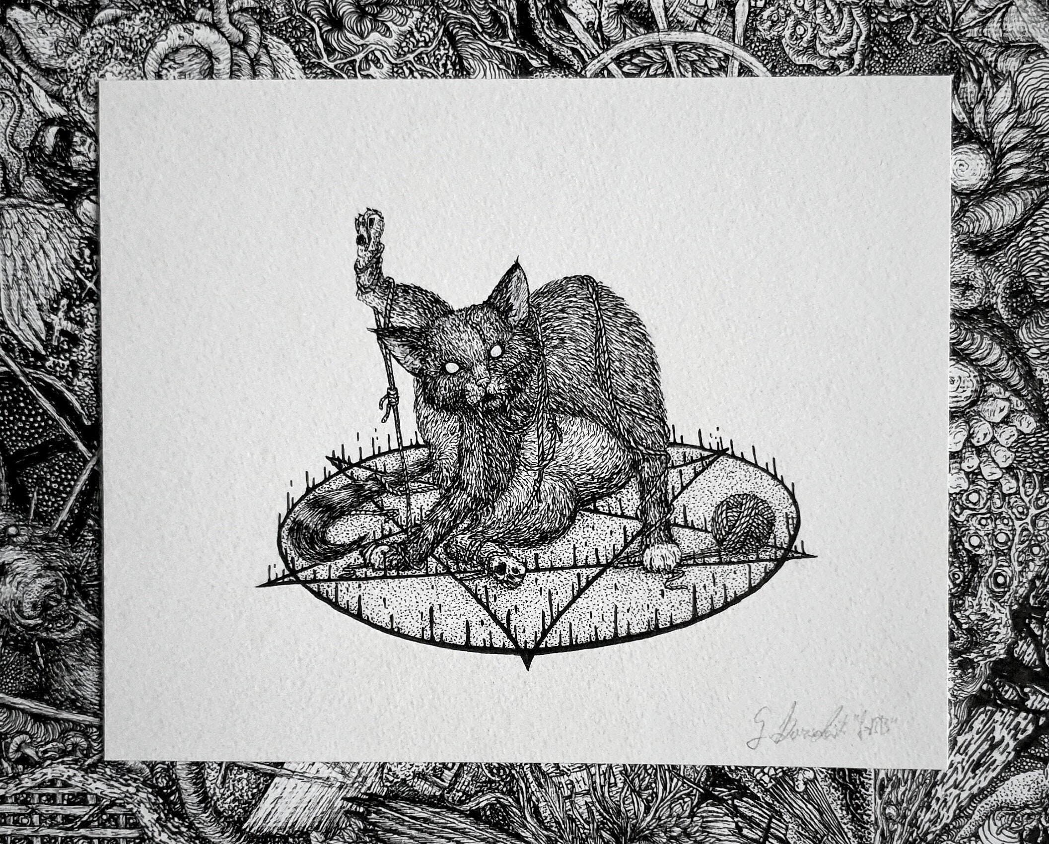 Original Cat in a KNOT Fineliner Drawing / Occult Pet Cat in Yarn ...