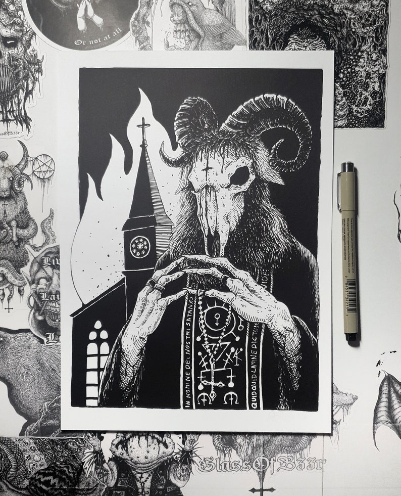 FIRE Dark Priest Art Print / Burning Church Occult Drawing Satanic ...