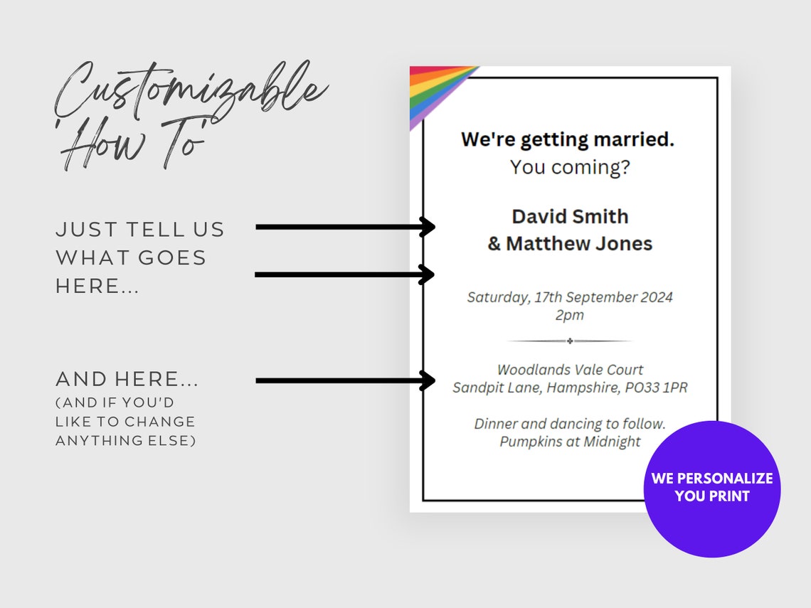 Personalized Gay Wedding Invitation, LGBTQ Rainbow Wedding Invite Same ...