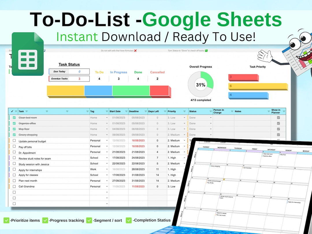 To Do List Spreadsheet Google Sheets Template Task Tracker - Etsy