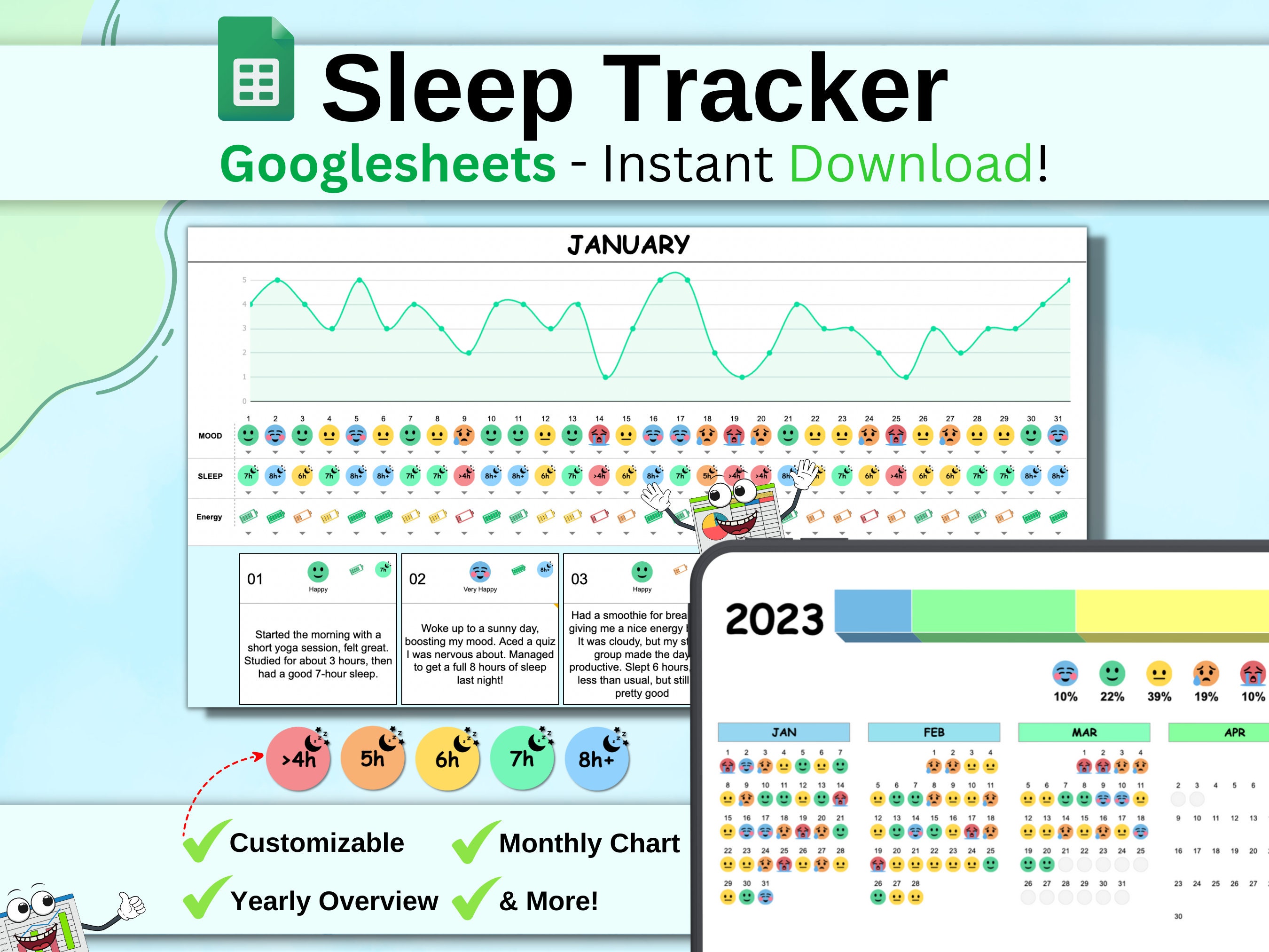 Sleep Tracker Spreadsheet, Google Sheets Template, Mood Tracker, Daily ...