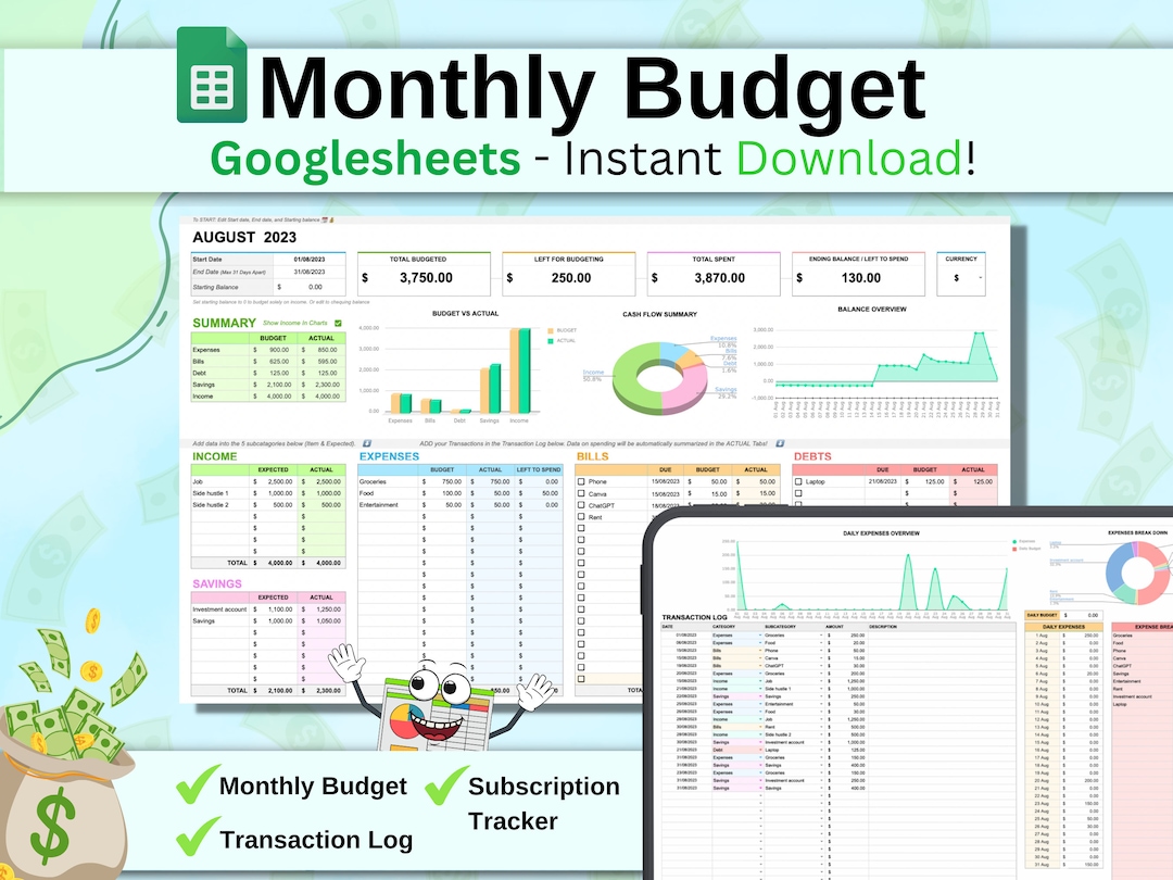 Google Sheets Monthly Budget Template: Financial Planner (digital ...