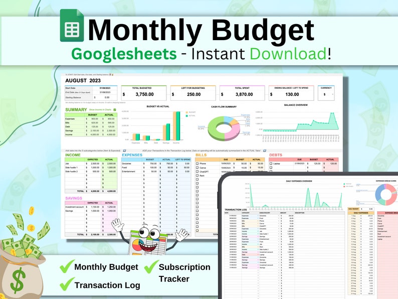Monthly Budget Spreadsheet, Google Sheets Budget, Paycheck Budget, Bill ...