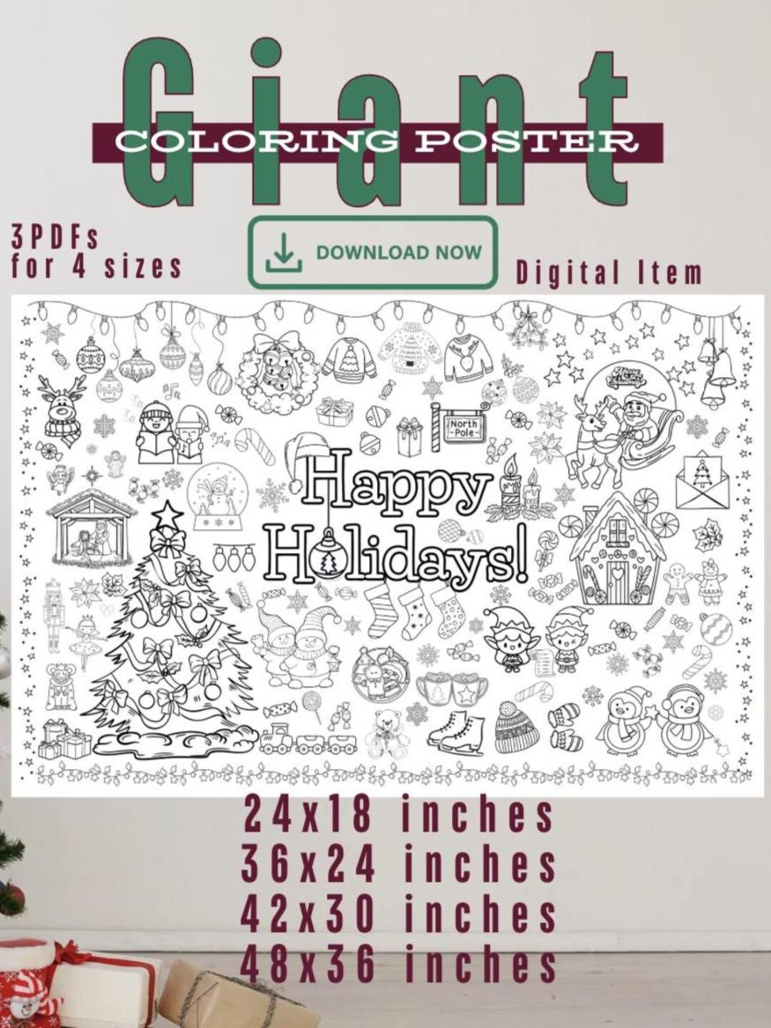 Giant Christmas Coloring Poster: Family Holiday Activity (digital ...