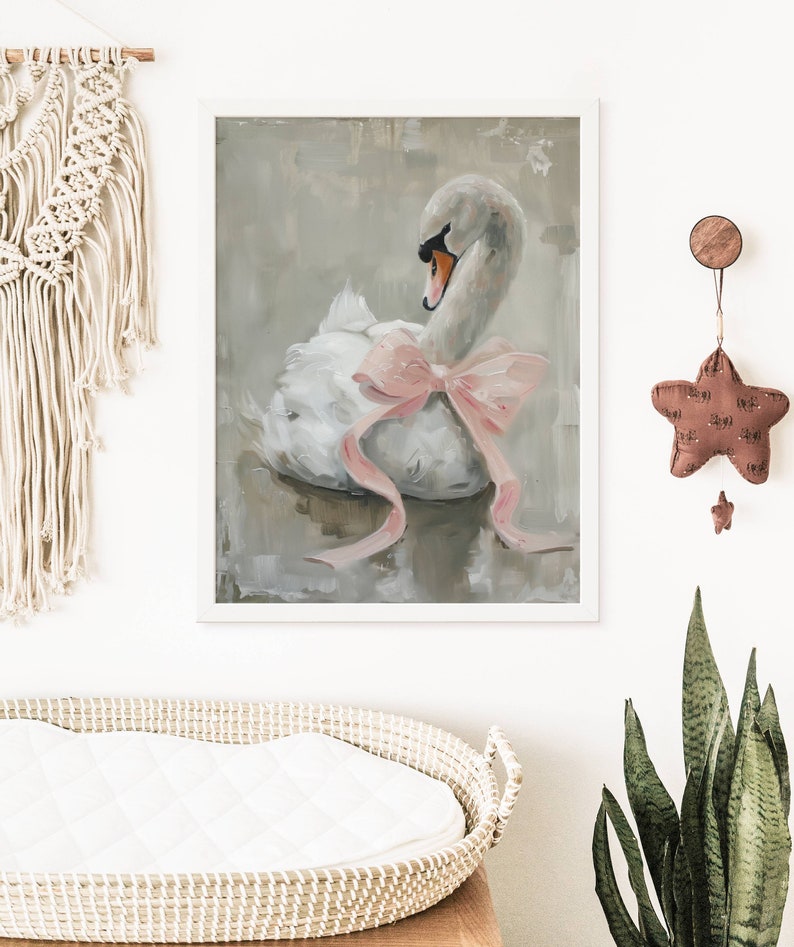 Swan With a Pink Bow Print, Soft Girly Nursery Painting, Coquette ...
