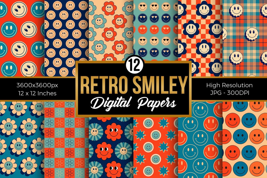 Set of 12 Retro Happy Smiley Face Digital Paper Pack, Retro Textures ...
