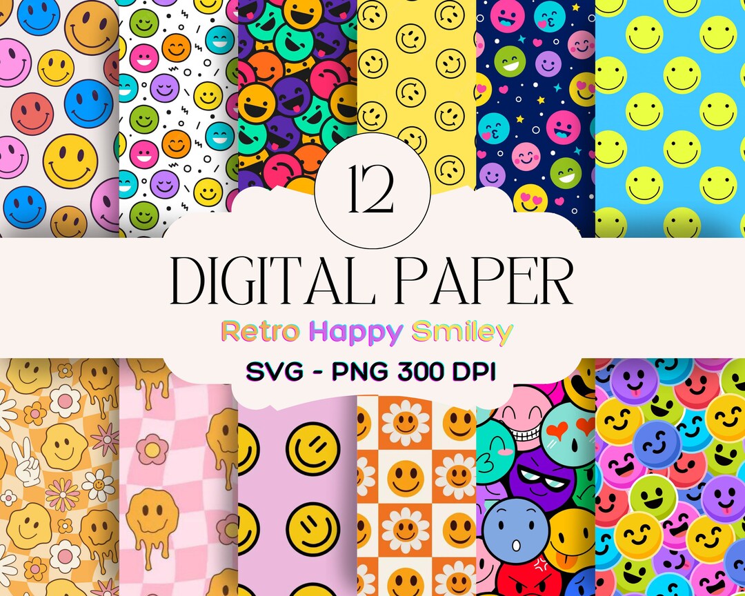 Retro Happy Smiley Face,digital Paper Pack,retro Textures Paper,smiley ...
